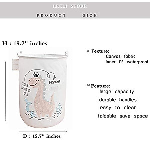 LEELI Laundry Hamper with Handles Collapsible Canvas Laundry Basket,Waterproof Storage Basket Home Organizer for Nursery,Clothes,Toys,Baby Hamper19.7×15.7(pink dinosaur)