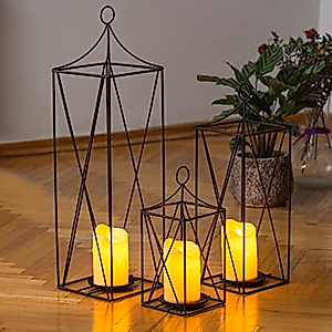 Set of 3 Tall Metal Lanterns 24’’ & 19’’ & 13’’ Elegant Decorative Lantern with Pillar Candle Holder, Garden Porch Night Indoor/Outdoor for Wedding Décor, Party, Christmas (Black)
