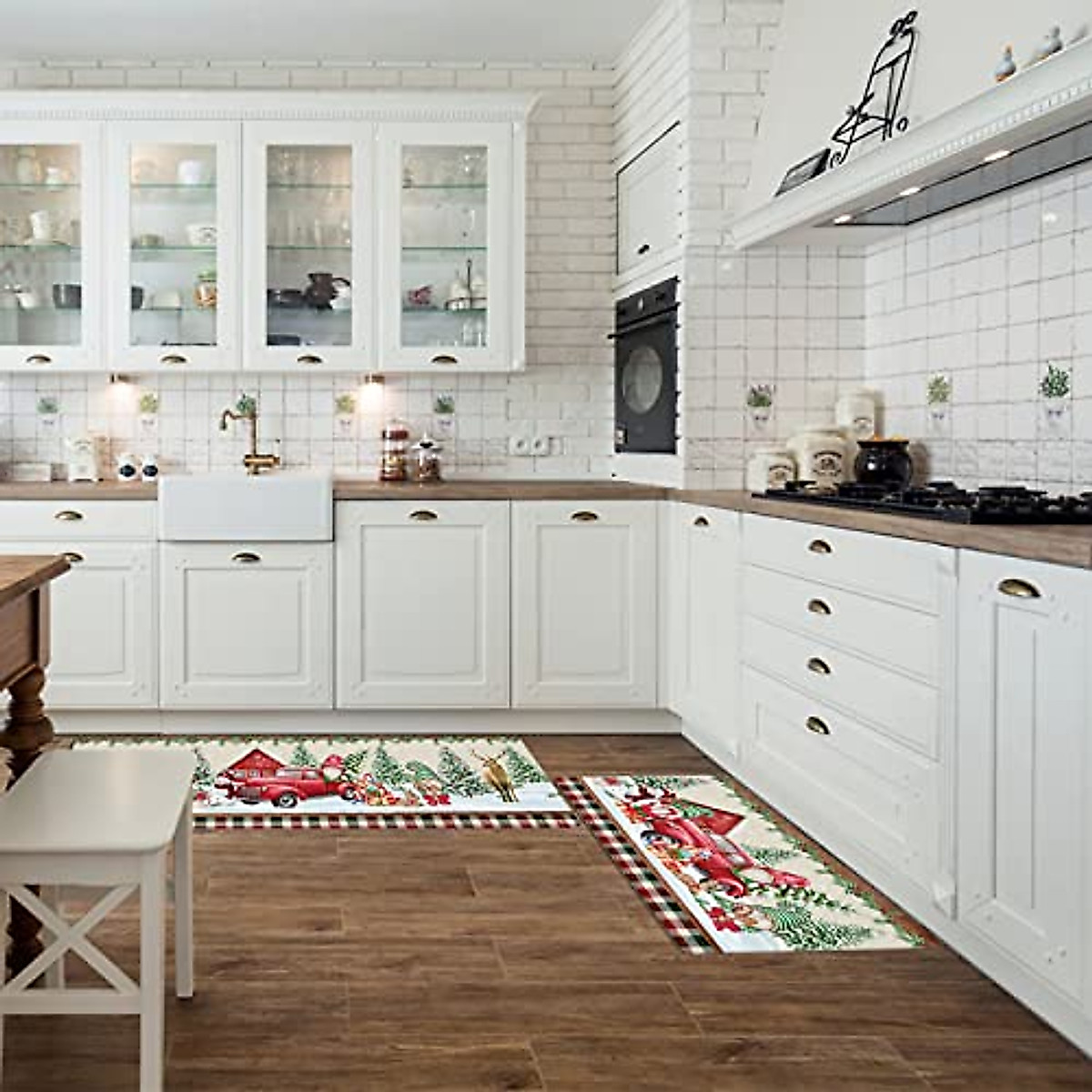 Kitchen Mat Rug Set of 2 Christmas Farmhouse Elk Gnome Truck Red Green Plaid Runner Rug Anti-Fatigue Comfort Memory Foam Standing Mat Non-Slip Floor Door Mat for Bathroom Bedroom 16x24n+16x47in