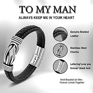 Personalized Bracelet for Boyfriend Husband - Leather Knot Gift for Anniversary or Birthday - Linked Together Forever Love You Always