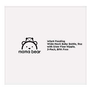 Amazon Brand - Mama Bear Infant Feeding Wide-Neck Baby Bottle with Slow Flow Nipple, BPA Free, 9 oz, Pack of 3, Transparent
