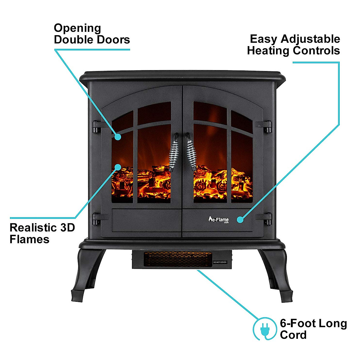 e-Flame USA Jasper Freestanding Electric Fireplace Stove Heater - Realistic 3-D Log and Fire Effect (Black)