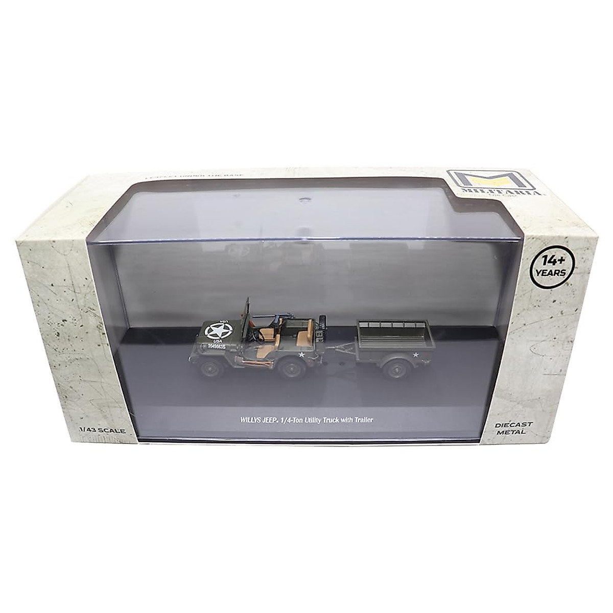 1:43 Scale Willys Jeep 1/4-Ton Utility Truck with Trailer - Militaria Diecast by Motorcity Classics