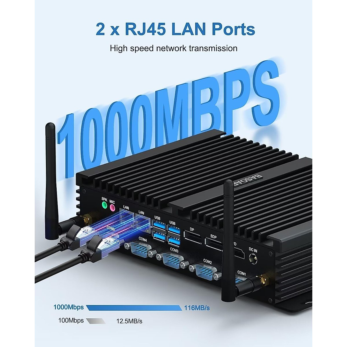 BASOARO Industrial Mini Computer, Fanless Industrial PC, Core i7 8550U, 16G RAM 512G SSD 1TB HDD, Dual LAN, Triple Display 4K UHD, DP/EDP/HD, 6 RS232 COM, Win 11 Pro Mini PC