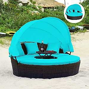 Tangkula Patio Round Daybed with Retractable Canopy, Outdoor Wicker Rattan Furniture Sets, Sectional Cushioned Sofa Set w/Height Adjustable Coffee Table, Rattan Conversation Sets (Turquoise)