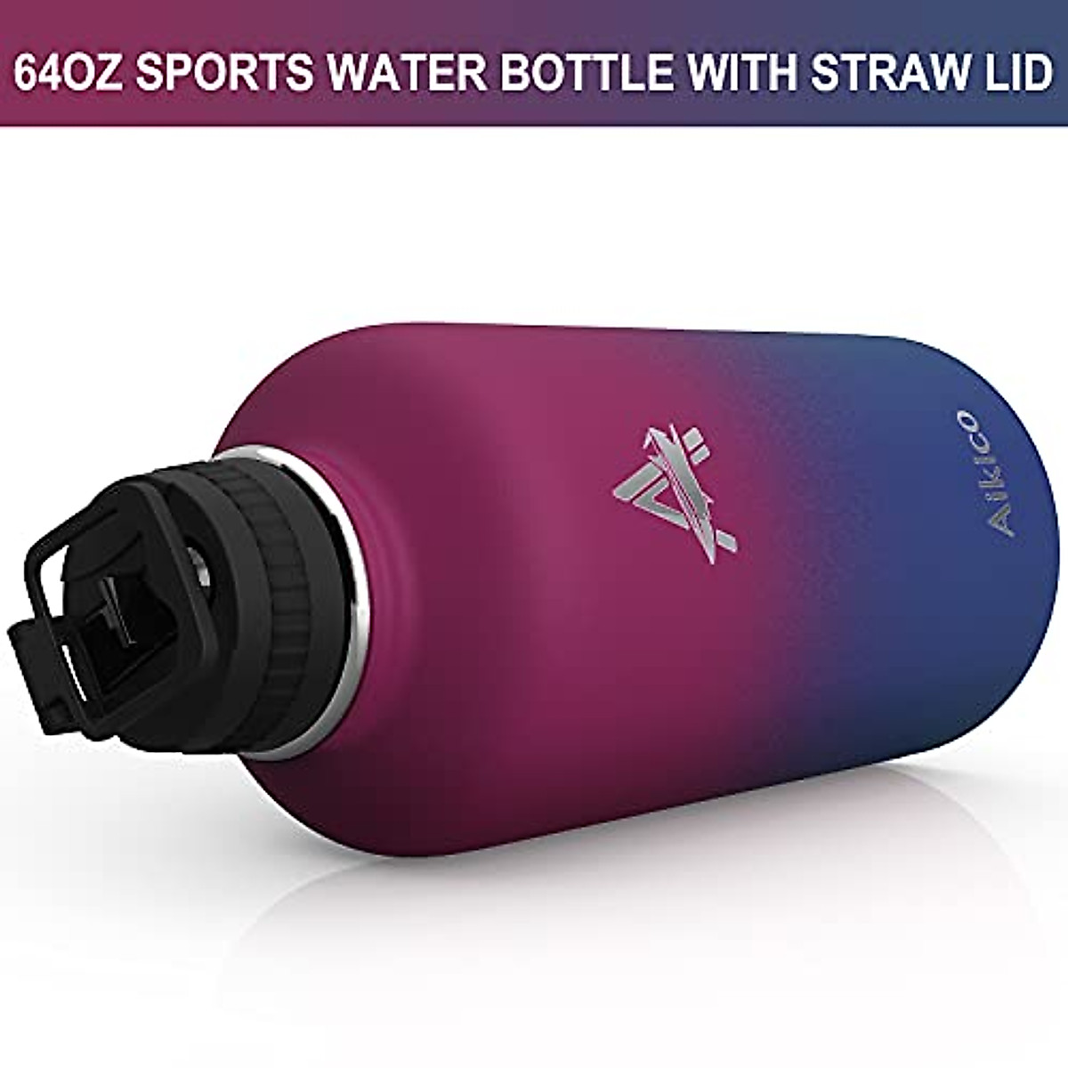 64oz Sports Water Bottle, Aikico Stainless Steel Water Bottle with Straw Lid, Double Vacuum Insulated Thermos Mug, Reusable Wide Mouth Flask Thermos for Hot and Cold Drinks(Rose)