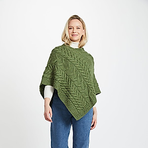 Aran Woollen Mills 100% Irish Merino Wool Ladies Aran Knit Poncho, Made in Ireland, Women's Poncho Wrap, One Size Meadow Green