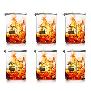 EISCO 6PK Beakers, 400ml - Griffin Style, Low Form with Spout - White, 50ml Graduations - Borosilicate 3.3 Glass