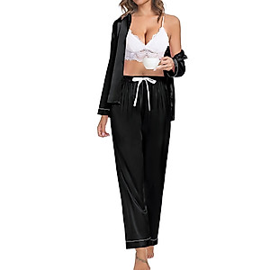 SWOMOG Couple Silk Satin Pajamas Set 2Pcs Matching Famliy Sleepwear Button Down Loungewear Men & Women Pjs with Pants Black