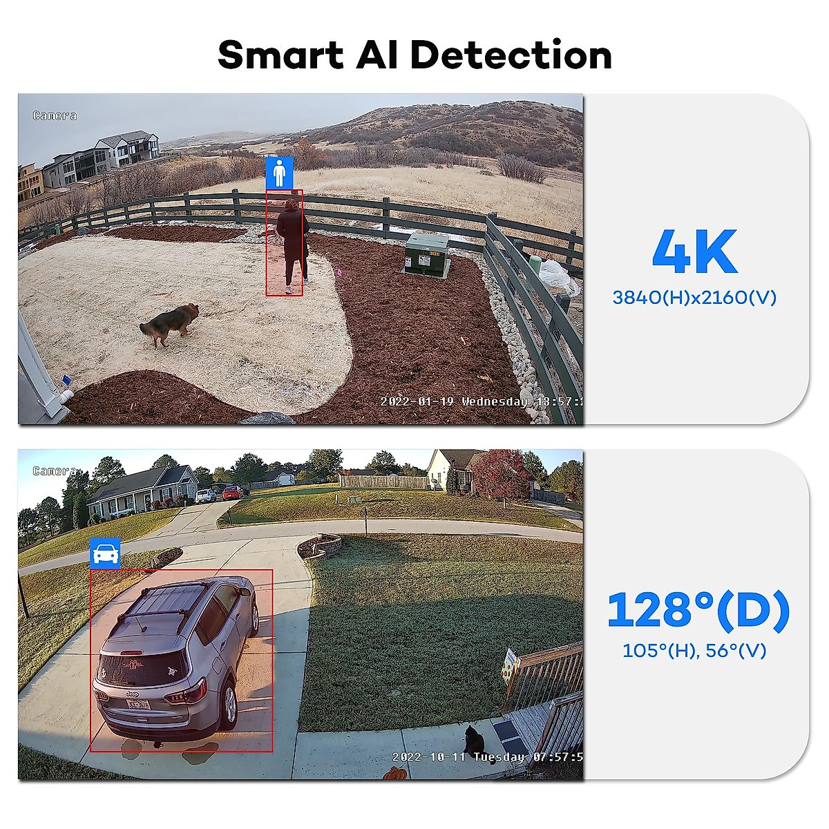 ONWOTE 4K 8MP PoE IP Security Camera, AI Human Vehicle Detection, 3840x2160P, 128° Field of View, Video Audio, Indoor Outdoor, Add-on Camera to PoE NVR System