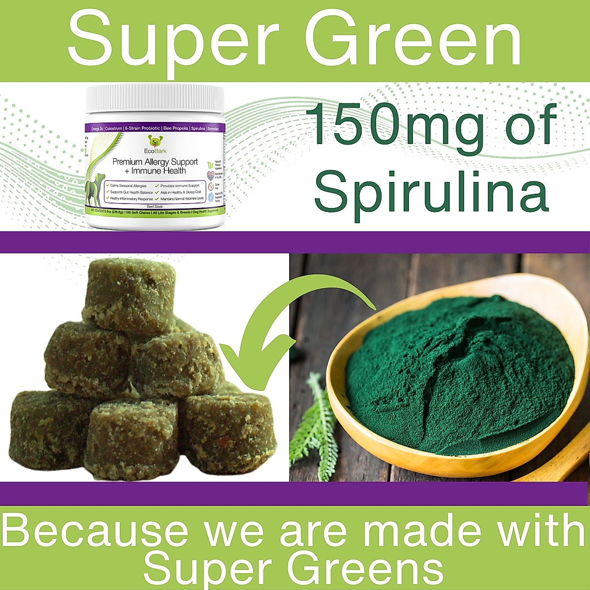 EcoBark Natural Dog Allergy & Immune Chews with Super Greens- Omega 3 Skin and Coat Supplements for Dogs - Gluten Free Probiotic Allergy Support & Relief for a Shiny Coat with Colostrum & Bee Propolis