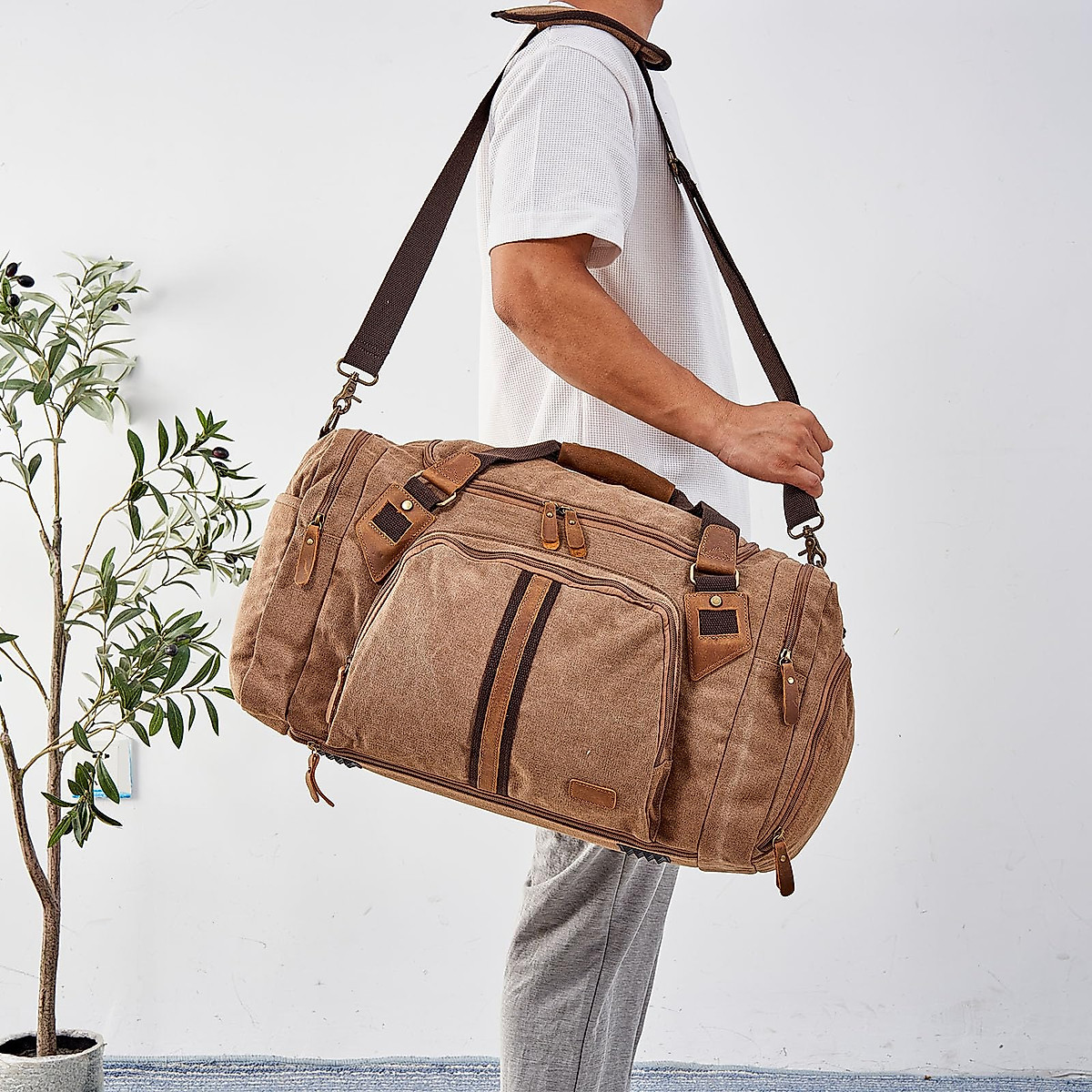 AGDHERSNVX Canvas Duffle Bag with Shoes Compartment Overnight Travel Duffel with Genuine Leather Parts Weekender Lightweight Waterproof Bags for Women Men Khaki