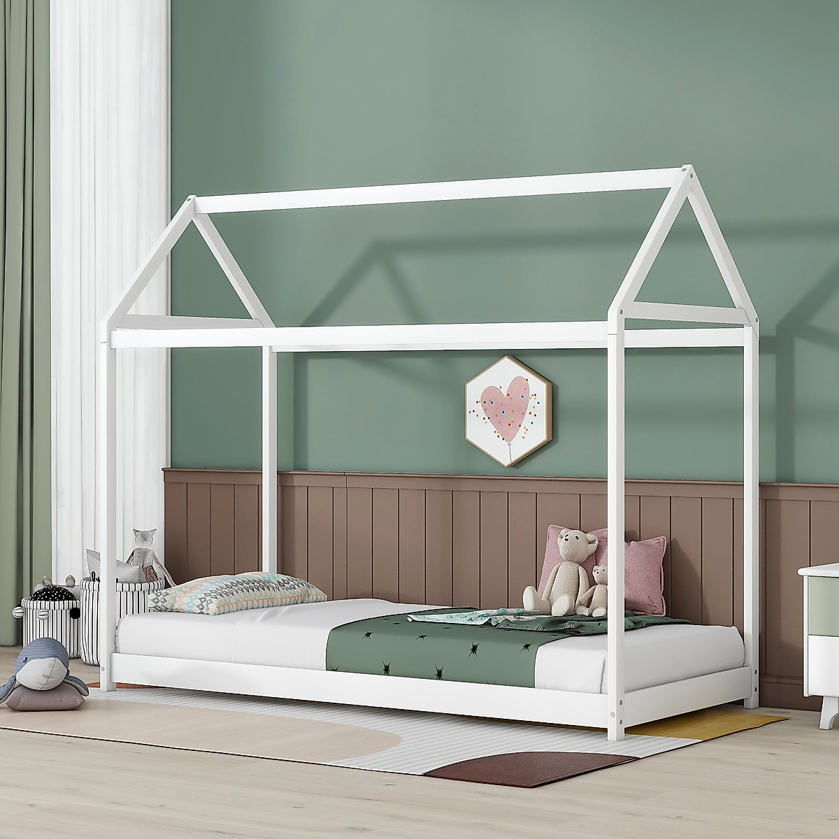 Twin Size House Bed, Wooden Daybed, Floor Bed for Toddlers, Teens, Girls, Boys, Kids House Bed Frame Can Be Decorated (White)