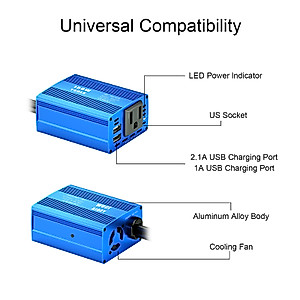 YSOLX 150W Car Power Inverter DC 12V to 110V AC Converter with 3.1A Dual USB Car Charger Adapter Blue