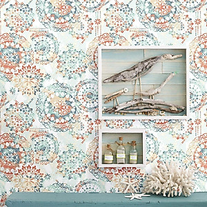 RoomMates RMK9126WP Orange and Blue Boho Medallion Peel and Stick Wallpaper, Coral, 20.5" x 16.5 feet