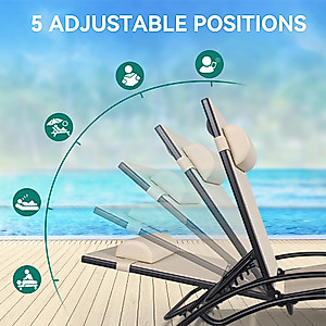 YITAHOME Outdoor Chaise Lounge Chair Set of 3, Pool Lounge Chairs with Side Table & 5-Position Adjustable Backrest, Sunbathing Recliner for Poolside, Backyard, Lawn, Deck - Khaki