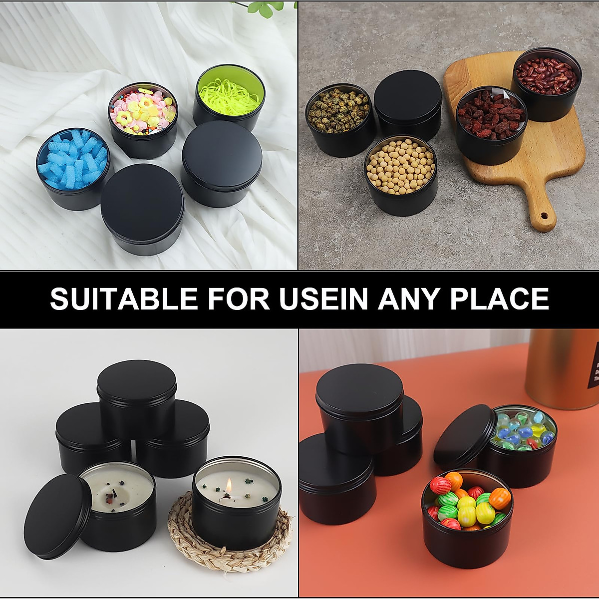 OBKJJ 42 Pack Round Cans with Screw Lid 7 Oz Aluminum Metal Tins DIY Food Candle Containers for Lotion Bars, Balms, Salve, Spices, Beard Balm, Crafts with 4 Markers 6 Sheets Label Stickers (Black)