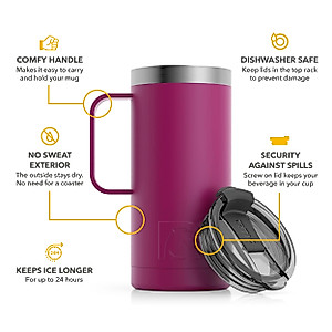 RTIC 16 oz Coffee Travel Mug with Lid and Handle, Stainless Steel Vacuum-Insulated Mugs, Leak, Spill Proof, Hot Beverage and Cold, Portable Thermal Tumbler Cup for Car, Camping, Very Berry