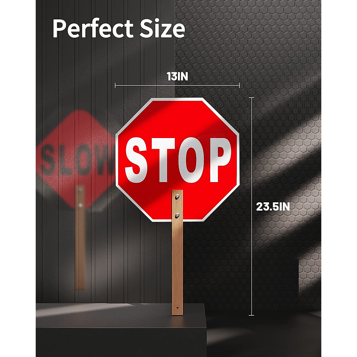 Stop Slow Sign, Double Sided Street Slow Warning Reflective Signs, 13x13in Octagon Rust Free Aluminum, with Bamboo Handle, UV Protected and Waterproof, Weather Resistant, Durable Ink, Easy to Mount