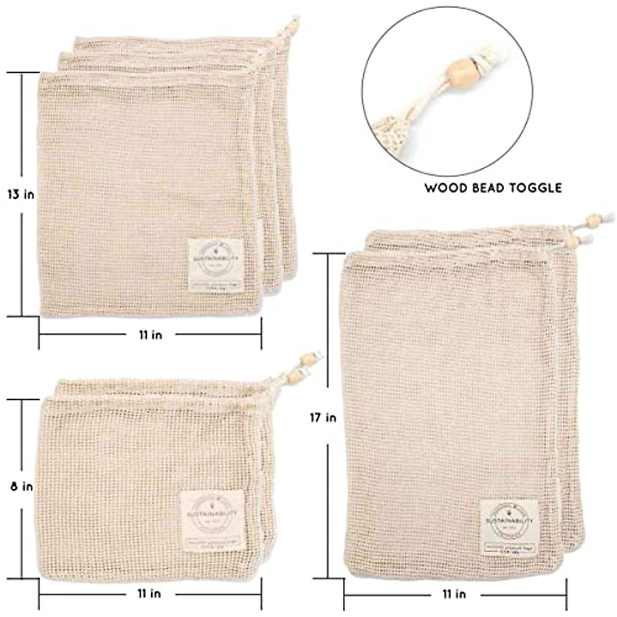 Reusable Produce Bags Organic Cotton | Home Essentials Sustainable Living, Washable Laundry, Travel Organizer, Zero Waste Biodegradable Drawstring Vegetable Mesh Grocery Bag | Set of 7 w/Tare Weights
