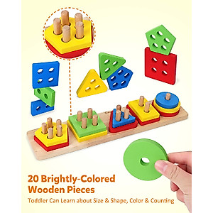 Coogam Wooden Sorting Stacking Montessori Toys, Shape Color Recognition Blocks Matching Puzzle Stacker Geometric Board Early Educational Puzzles for Years Old Boys and Girls