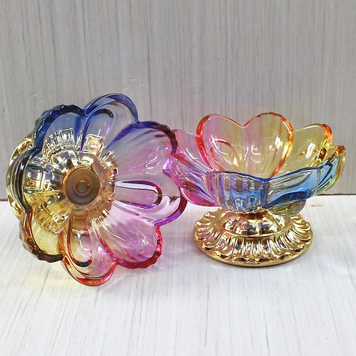 Beavorty Lotus Glass Fruit Tray Buddhist Plate Offering Bowl Tabletop Footed Fruit Plates Art Glass Bowl for Kitchen Centerpiece Dessert Cake