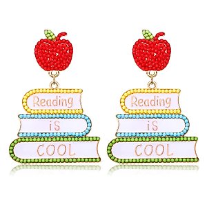 Boderier Teacher Earrings Beaded Apple Book Drop Dangle Earrings Teacher Appreciation Gifts Reading is Cool Earring Back To School Jewelry