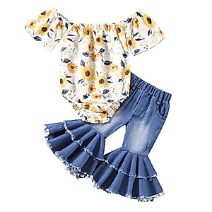 Omkzanbi Toddler Girl Bell Bottoms Outfit Sunflower Off Shoulder Bodysuit Romper Denim Flared Pants Summer Jean Outfit (White Blue, 12-18 Months)