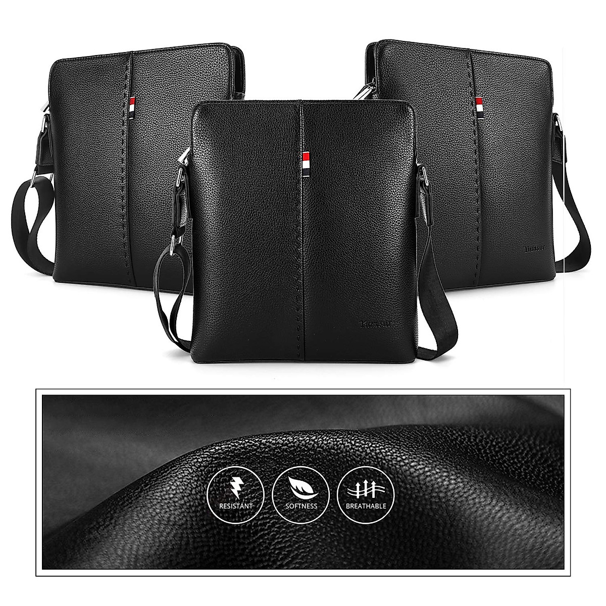 YumSur Mens Shoulder Bag, Leather Messenger Handbag Crossbody Bag for Men Purse iPad Bag for Business Office Work School with Adjustable Strap Black