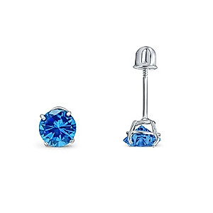 14k White Gold Round Solitaire Stud Earrings with Screw Back Blue Topaz CZ Size-4mm