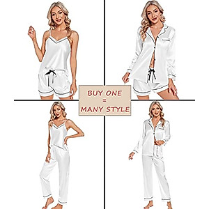 SWOMOG Women's 4pcs Satin Silky Pajama Set Long Sleeve Button Top with Long Pant White