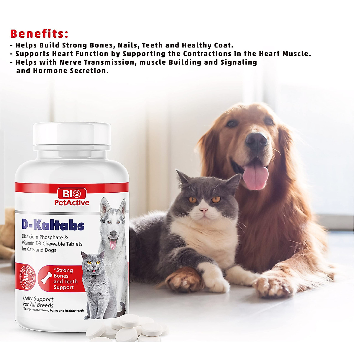 D-Kaltabs Phosphorus, Calcium Vitamin D3 Supplement for Dogs & Cats, Prenatal Pet Vitamins, Daily Pet-Tabs, Strong Nail, Teeth Support, 84 Chewable Tablets