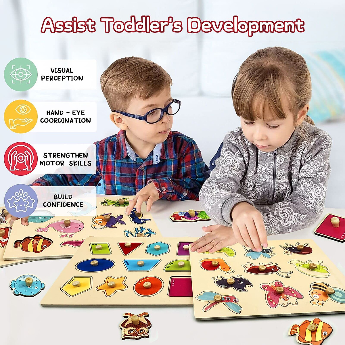 Wooden Peg Puzzles for Toddlers, 4 Pack Toddler Puzzles Set with Wooden Knobs, Preschool Learning Educational Animals Shapes Insects Pegged Puzzle Toys for 2 3 Year Old (Style 1)