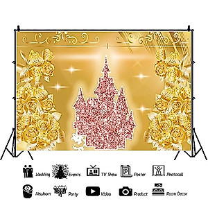 5x4Ft Cartoon Princess Castle Backdrops Rose Gold Pink Glitter Royal Castle Birthday Party Backdrop Decoration Cake Table Banner Photo Booth Props Girls Princess Party Decor Supplies