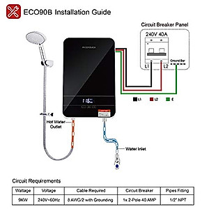 Tankless Water Heater Electric ECOTOUCH 9KW 240V on Demand Water Heater Self-Modulating Instant Hot Water Heater Point Of Use Water Heater ECO90 Black