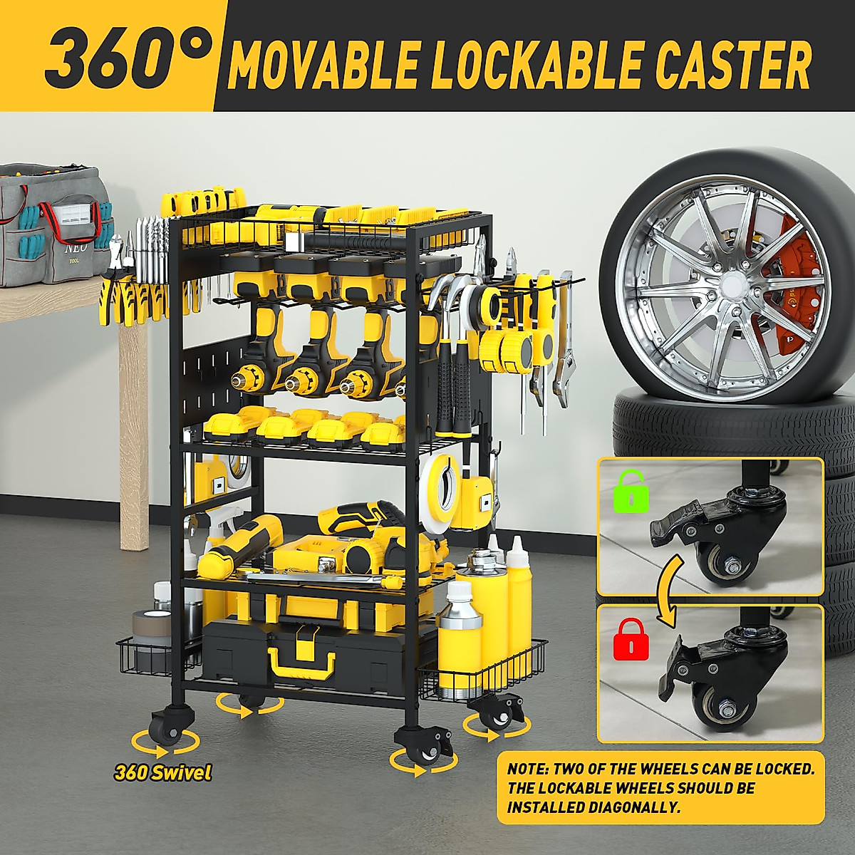 Mefirt Power Tool Organizer Cart, Heavy Duty 5 Tier Rolling Tool Cart on Wheels, Garage Floor Standing Rolling Storage Cart with Drill Set Rack, Mechanic Utility Cart for Workbench & Outdoors Working