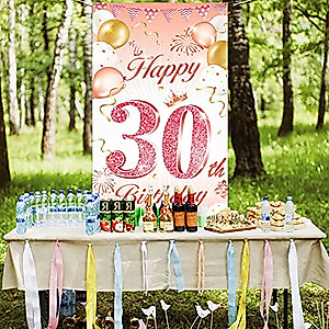 DPKOW Rose Gold 30th Birthday Party Decoration for Woman, Rose Gold 30th Birthday Banner for Backdrop Door Decoration,30th Birthday Background Banner for Garden Wall Decoration, 185 x 90cm Fabric