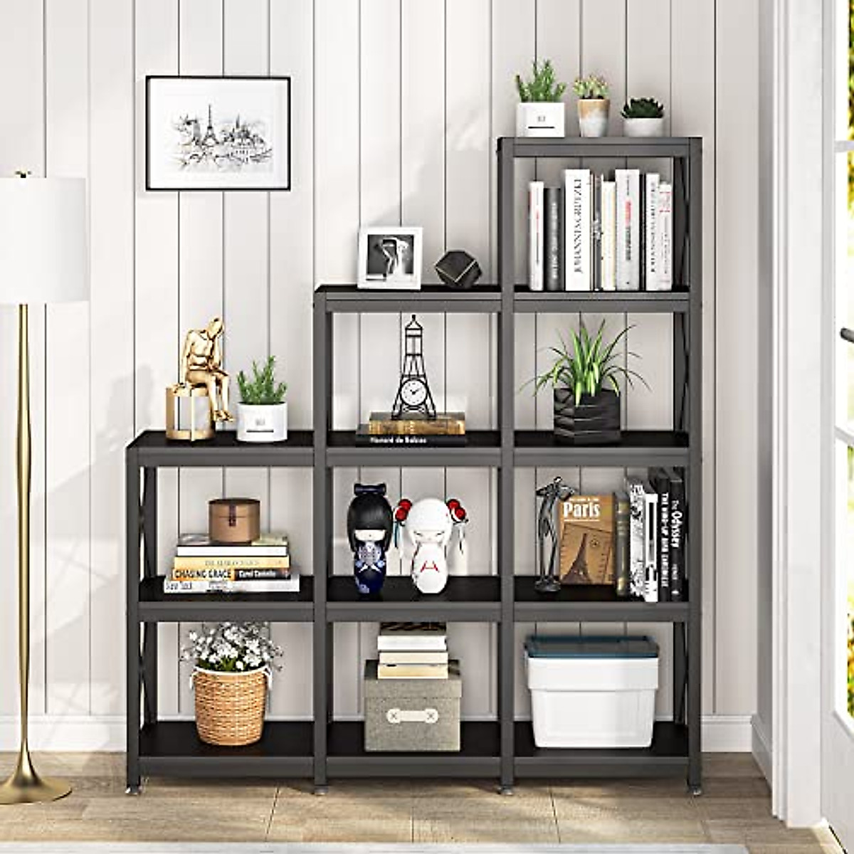 Tribesigns 12 Shelves Bookshelf, Industrial Ladder Corner Bookshelf 9 Cubes Stepped Etagere Bookcase, Rustic 5-Tier Display Shelf Storage Organizer for Home Office (Black)