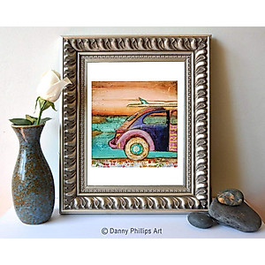 The Perfect Day - Danny Phillips Art Print, Unframed, Purple and Orange Classic Antique Car Artwork, Surfboard Coastal Ocean Nautical Mixed Media Collage Painting, All Sizes