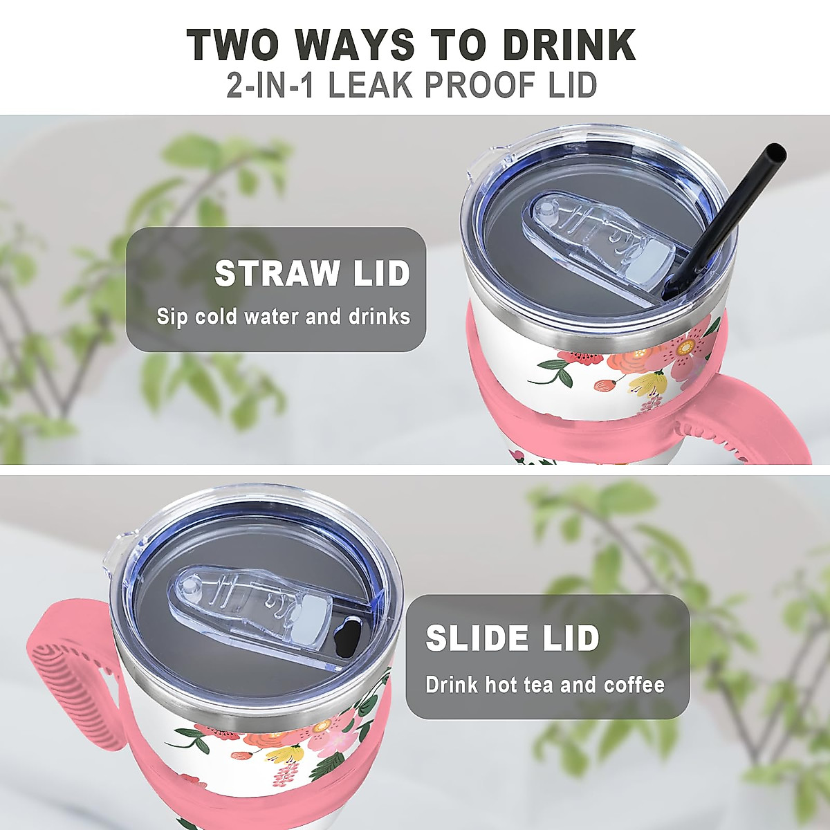 Exacmos 40 oz Tumbler with Handle and Straw 40 oz Floral Cup Insulated Stainless Steel Coffee Travel Mug Spill Proof Leak Proof Slim 40oz Tumbler with Handle Floral Decor Stuff Gifts for Women