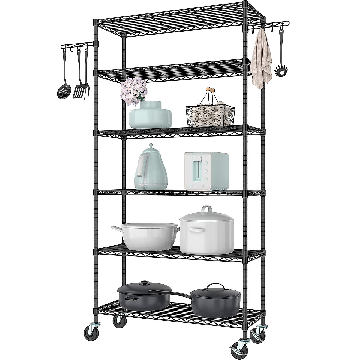 Folews 6-Tier Wire Shelving Unit with Wheels, Metal Storage Shelves Adjustable Layer Storage Rack Organizer Steel Utility Rolling Shelf for Home Kitchen Garage Pantry, Black(14D x 36W x 75H)