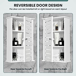COSTWAY Wall Mounted Bathroom Cabinet, Wooden Storage Cabinet with 2 Adjustable Shelves and Reversible Door, Versatile Hanging Medicine Cabinet for Living Room, Kitchen, Entryway (White)
