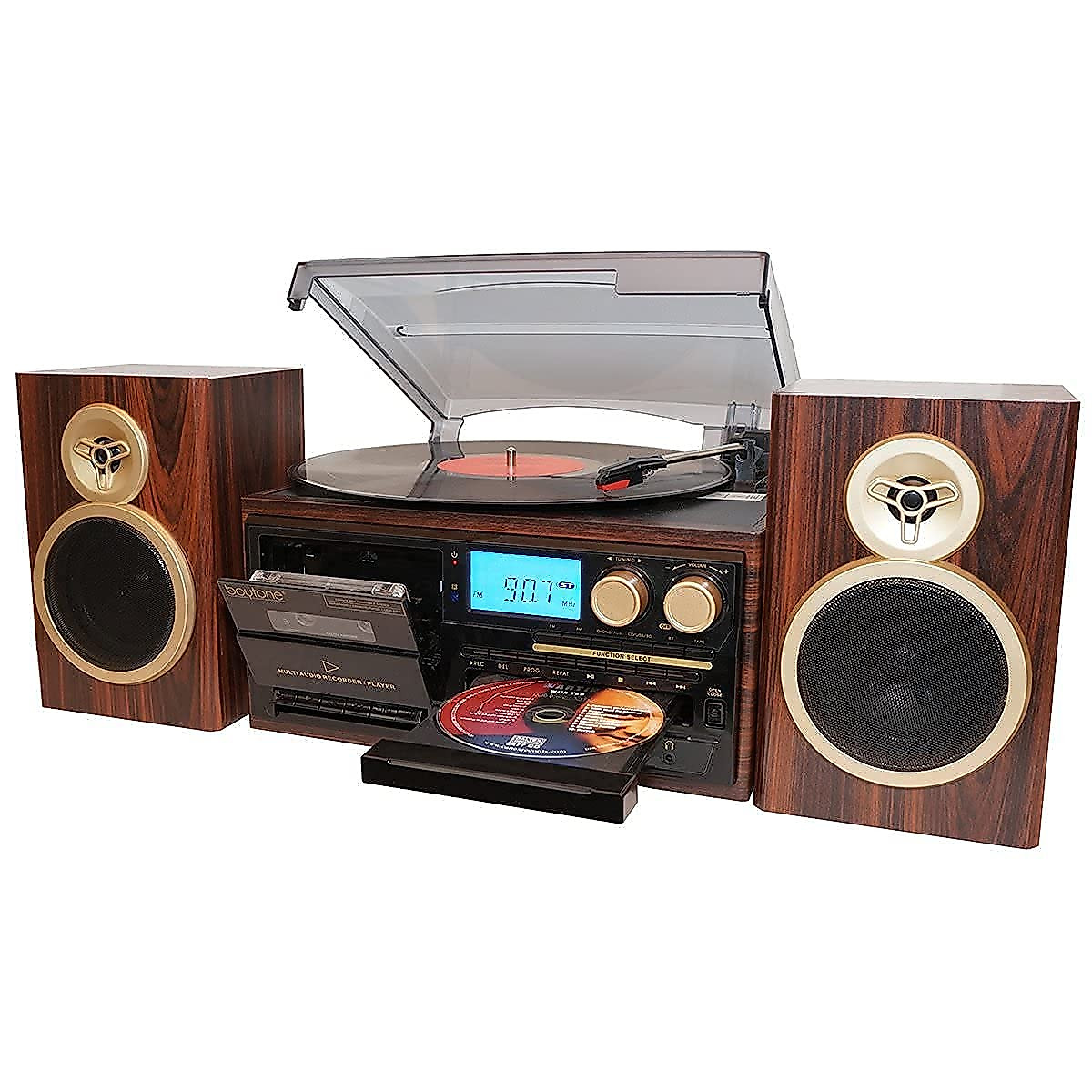 Boytone BT-28SPM, Bluetooth Classic Style Record Player Turntable with AM/FM Radio, CD / Cassette Player, 2 Separate Stereo Speakers