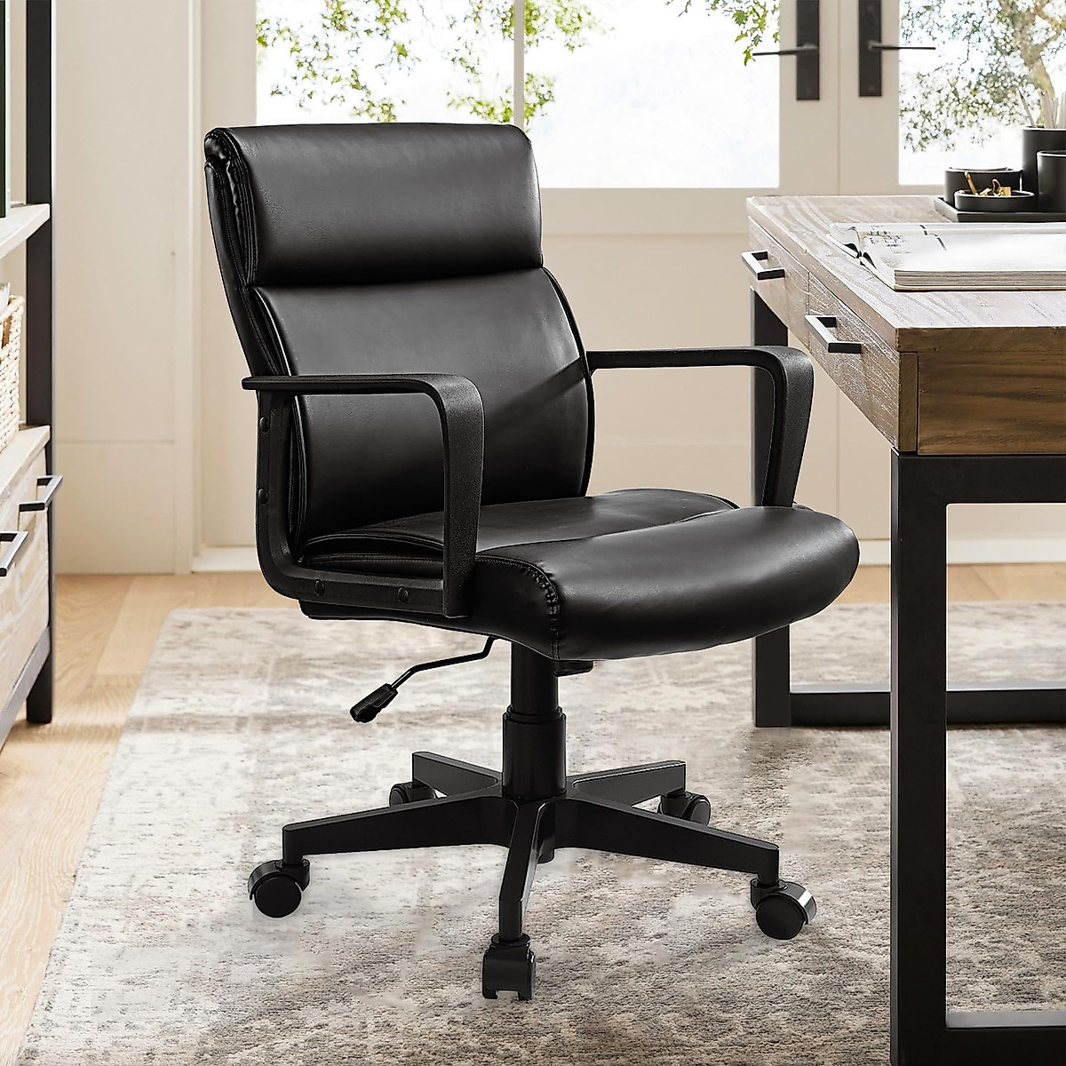 Artswish Leather Office Chair Modern High Back Support, Executive Office Rolling Chair with Adjustable Backrest, Black Ergonomic Computer Desk Chair with Wheels Arms, Comfy Desk Chair for Home Office