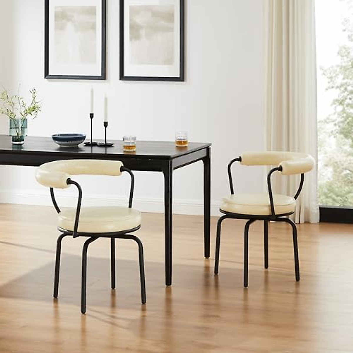 Art Leon Swivel Dining Chairs, Set of 2, Faux Leather Upholstered Dining Room Chairs, Modern Accent Armchairs with Black Metal Legs for Kitchen Living Room Bedroom, Off White