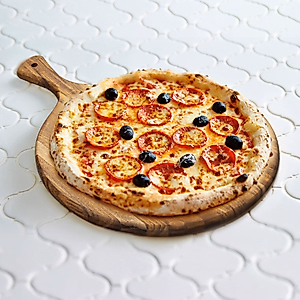 KITEISCAT Acacia Wood Round cutting board with handle 16” x 12”– Round Pizza Paddle & Cutting Serving Board for Home Baking, Cheese, Fruits, Vegetables, Bread, Charcuterie