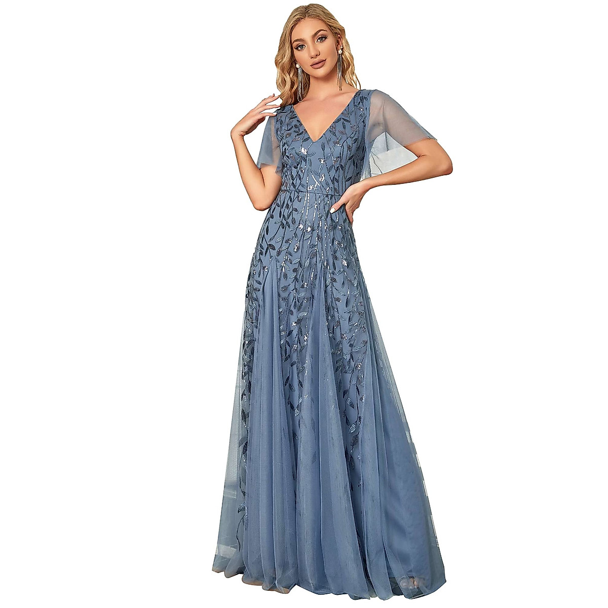 Ever-Pretty Women's Sequin Sparkly V-Neck Short Sleeve Maxi Evening Dress Haze Blue US06
