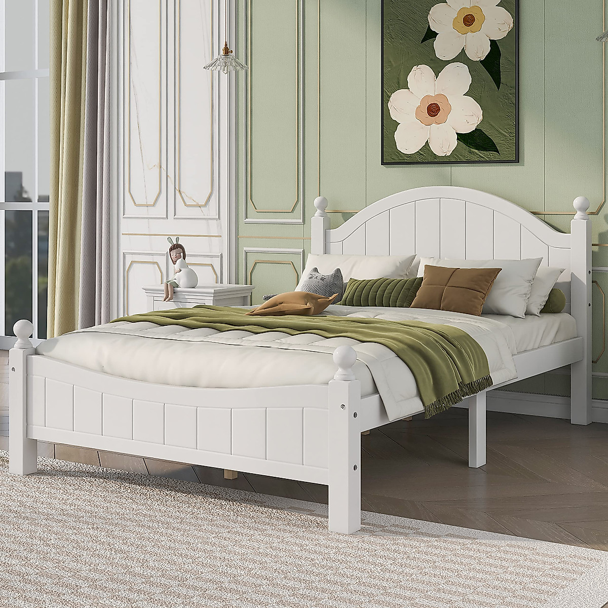 Full Size Platform Bed with Headboard and Footboard, Wood Full Bed Frames with Slat Support, Concise Style Full Size Bed for Kids,Teens, Adults, No Box Spring Needed (Milky White)