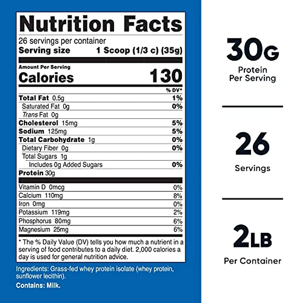 Nutricost Grass-Fed Whey Protein Isolate (Unflavored) 2LBS - Non-GMO, Gluten Free, Pure Protein