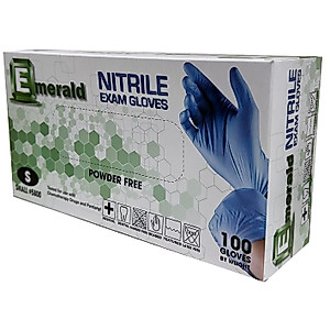 Emerald -100 Pack- Nitrile Medical Exam Gloves, Latex Free, Powder Free, Blue, Size: Small
